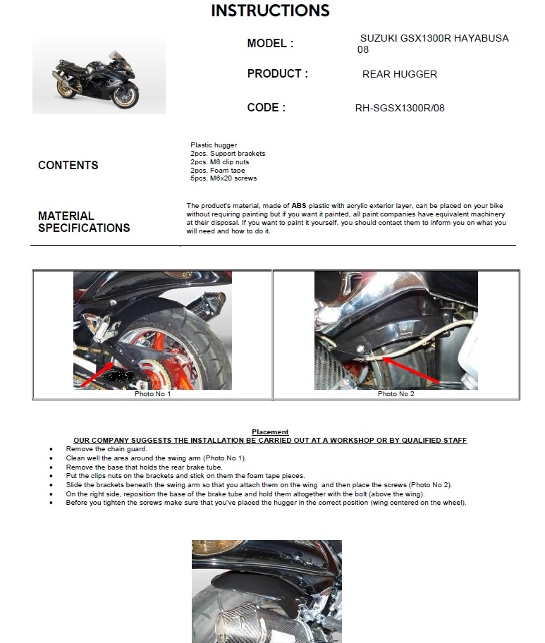 Rear hugger compatible with Suzuki GSXR 1300 Hayabusa 2008-2020 | Moto ...