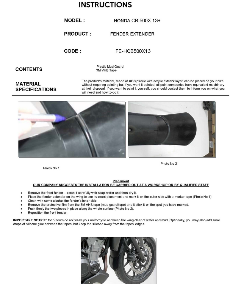 Fender extender compatible with Honda CB500X 2013-2018 | Moto Discovery